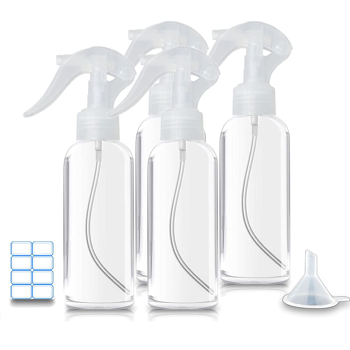 KwoKmarK Small Spray Bottles, Hair Spray Bottle 3.5oz/100ml Clear Plastic Fine Mist Travel Size Mini Empty Bottle Set Refillable Reusable Liquid Container for Essential Oils Water Squirt (4 Pack)
