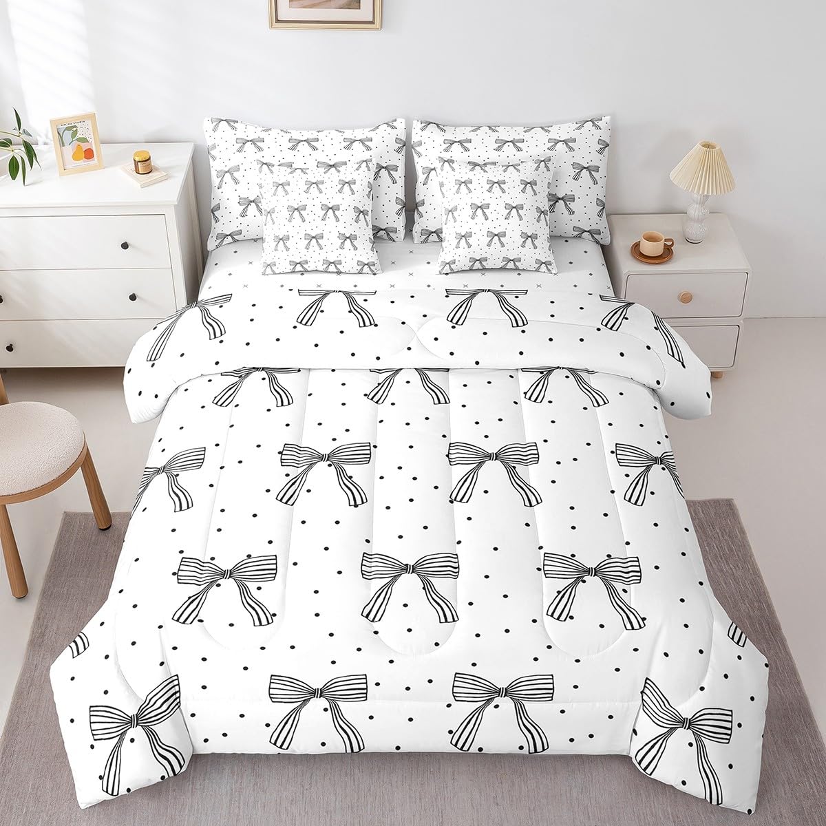 7 Pieces Cute Bowknot Girlish Comforter Full Size,Cartoon Bow-tie Princess Bedding Set,Geometric Dots Zebra Stripes Black White Simple(Comforter+Fitted+Flat Sheet+2 Pillowcases+2 Throw Pillow Covers)
