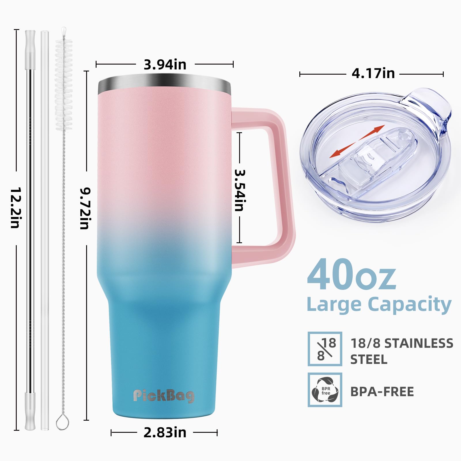 40 oz Tumbler with Handle and Straw Lid, 100% Leak Proof Cup Tumblers, Stainless Steel Insulated Travel Coffee Mug, Keeps Drinks Cold for 24 Hours or Hot for 10 Hours, Cupholder Friendly, PinkBlue