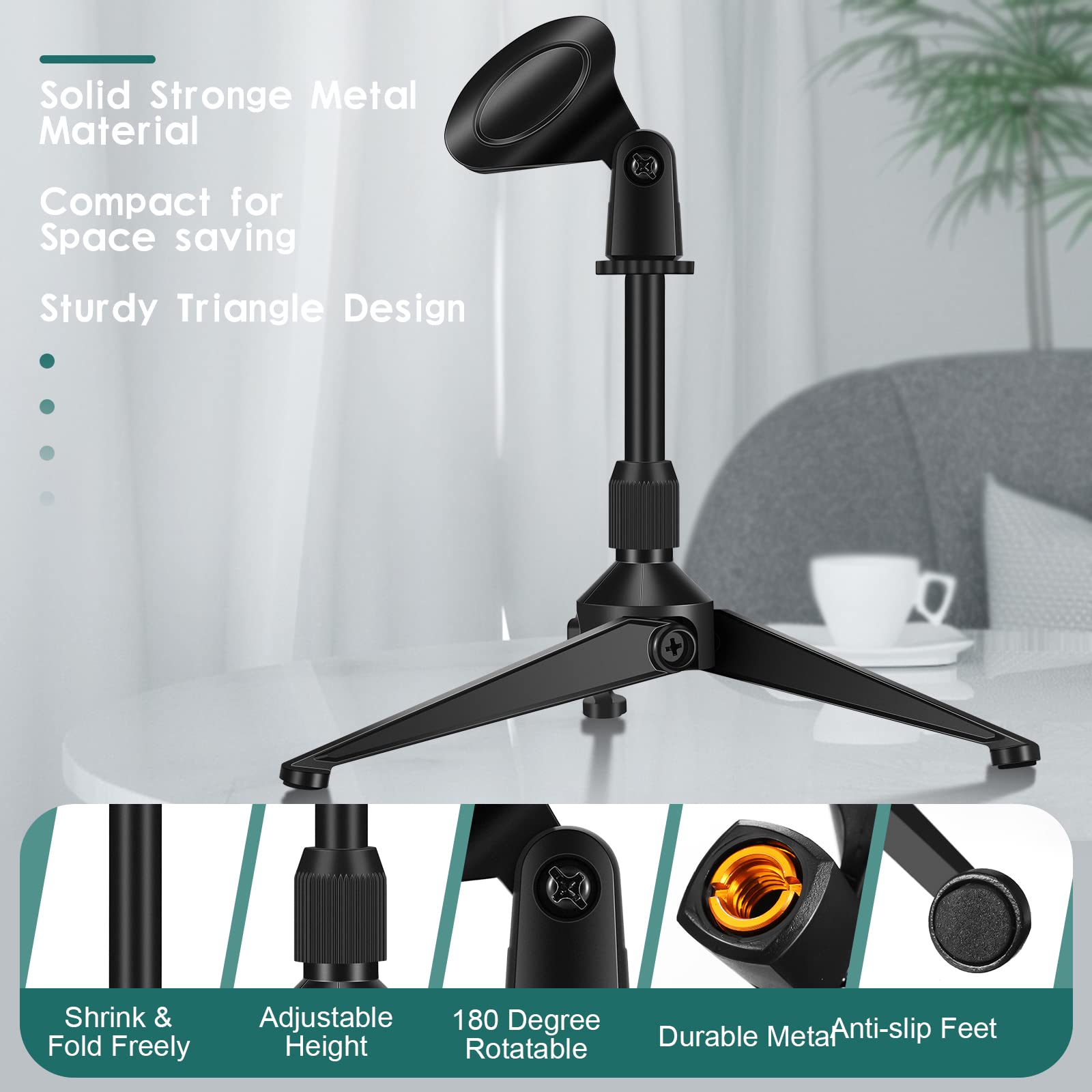6 Pack Desktop Mic Stand Portable Foldable Tripod with Mic Clip Holder Adjustable Height Mini Table Microphone Stand with 5/8 Inch Male to 3/8 Inch Female Screw for Most Microphones