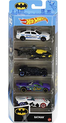 Hot Wheels Set of 5 Batman Toy Vehicles in 1:64 Scale From Batman Tv Shows, Movies & Comics (Styles May Vary)