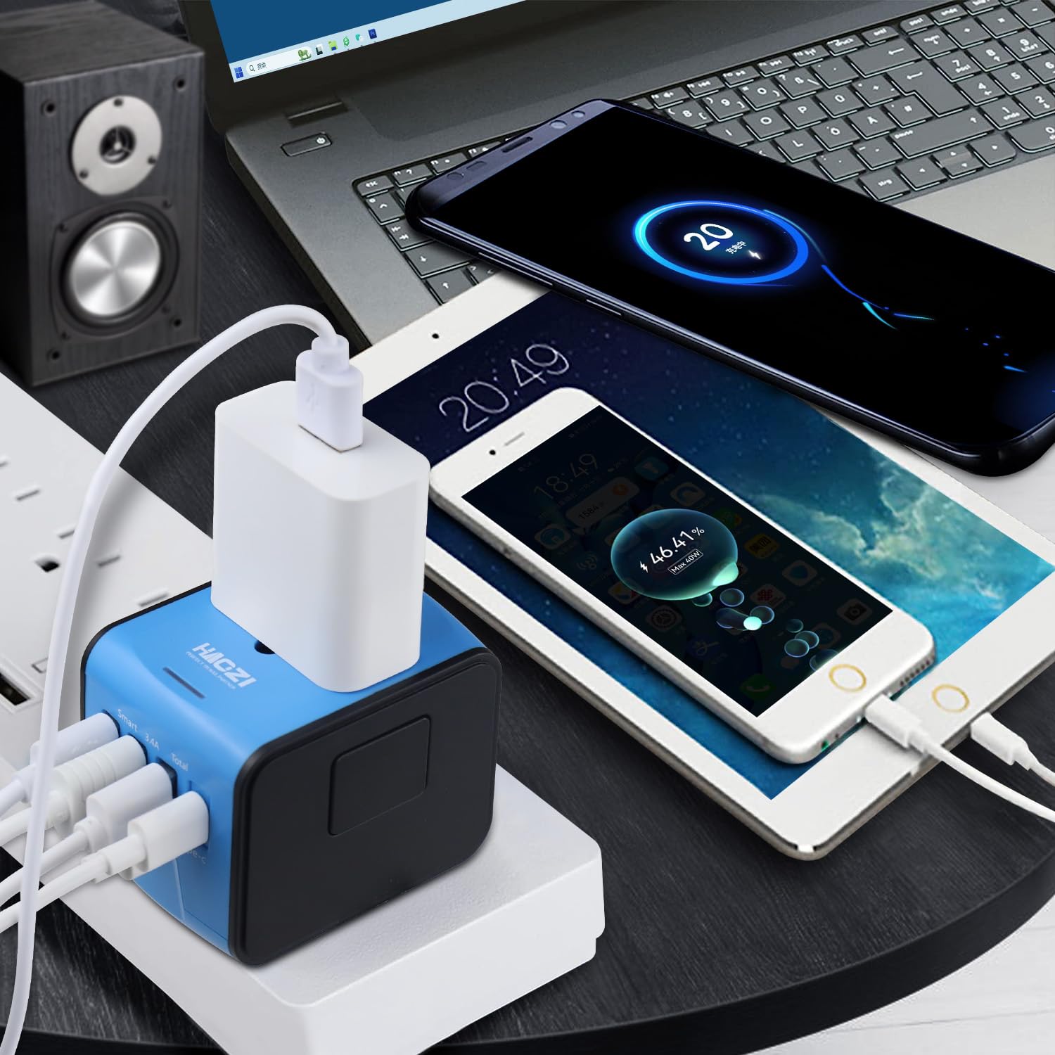 Travel Adapter, HAOZI Universal Travel Adapter - 3 USB + 1 Type C in One Travel Charger with UK/US/AUS/EU Plugs and Socket, International Power Adapter Wall Charger (Type-c Blue)