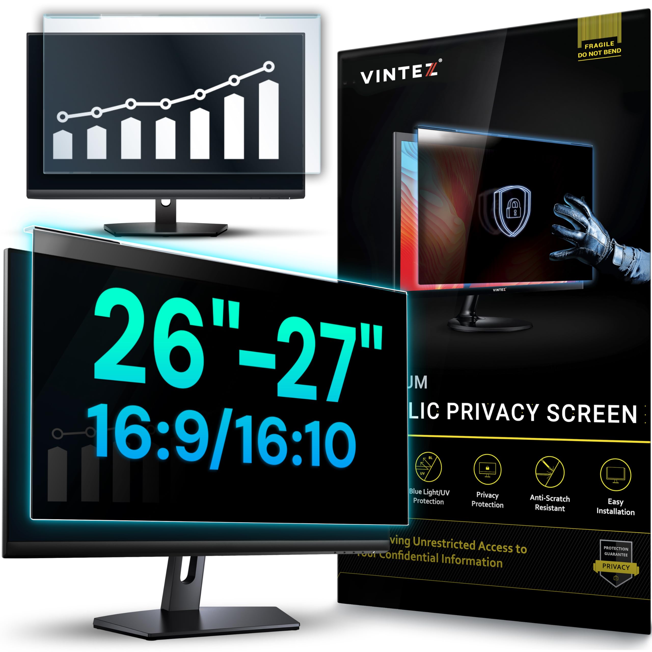 VINTEZ Universal Acrylic 26, 27 Inch Computer Privacy Screen Filter for Widescreen Computer Monitors - 24.1" x 15.1" (612 x 384 mm) - Monitor Frame Hanging Type