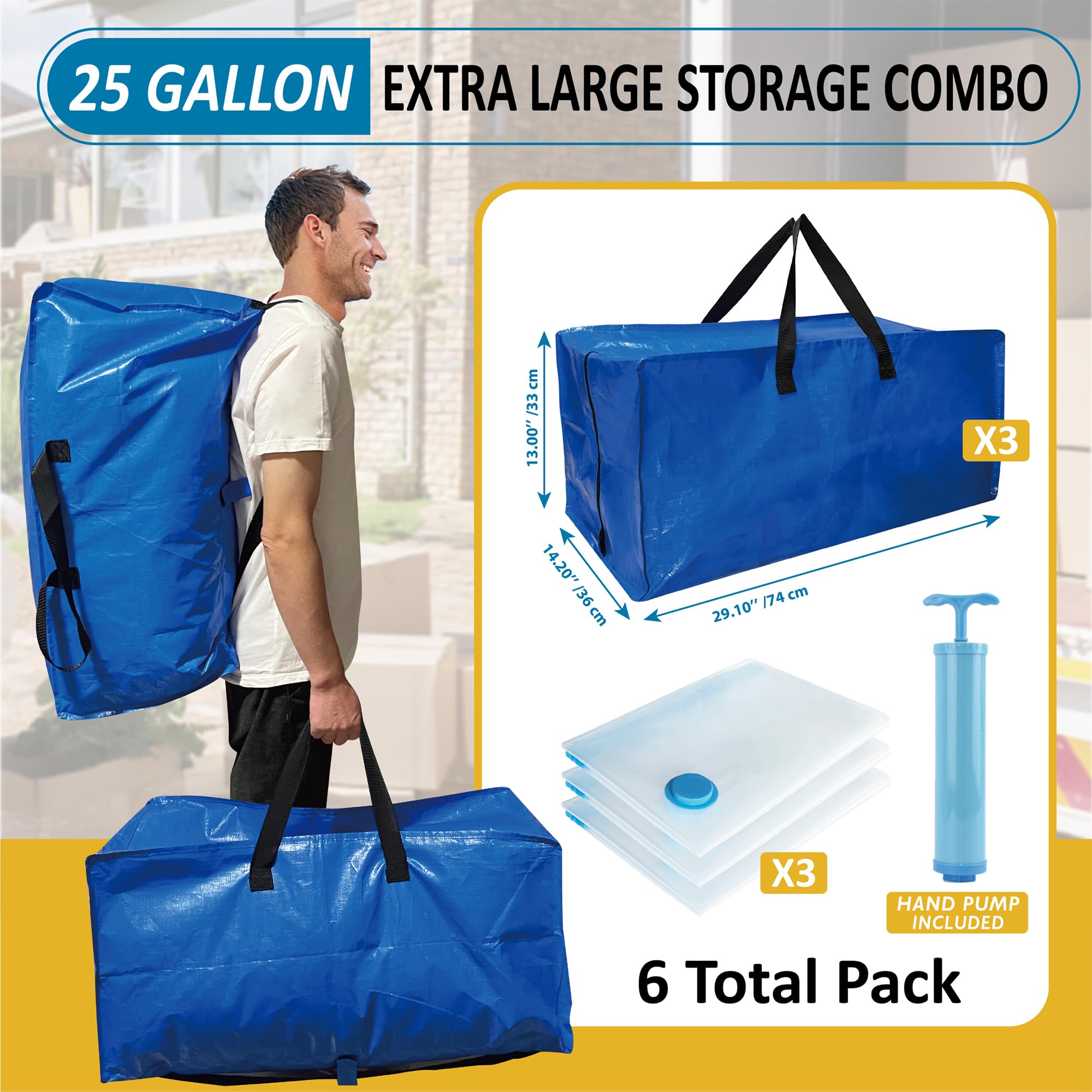 6 Pack Heavy Duty Extra Large Moving Bags with Backpack Straps & Vacuum Storage Bags Moving Supply Combo, Moving Totes with Handles & Zippers for Space Saving, Fold Flat, Includes Vacuum Bags