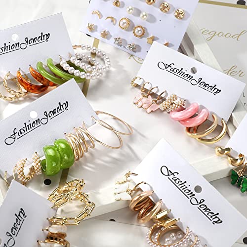 40 Pairs Gold Hoop Earrings for Women Multipack, Fashion Pearl Chain Link Stud Statement Earring Packs, Hypoallergenic Chunky Hoops Earrings for Gift