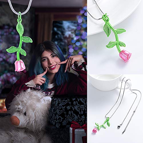 Rose Flower Cremation Jewelry Urn Necklaces for Ashes, Cremation Ash Jewelry Memorial Pendants for Human Pets Ashes(Green-Pink)