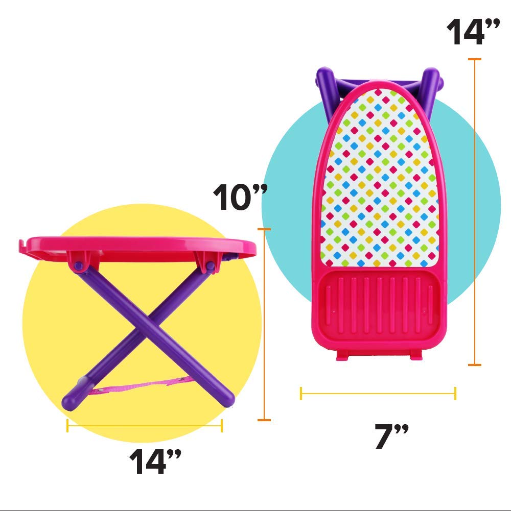 Boley Pretend Play Laundry Playset - 8-Piece Pink and Purple Toy Ironing Board Set with Realistic Lights & Sounds Iron, Working Spray Bottle, Hangers, and Storage Basket for Kids and Toddlers