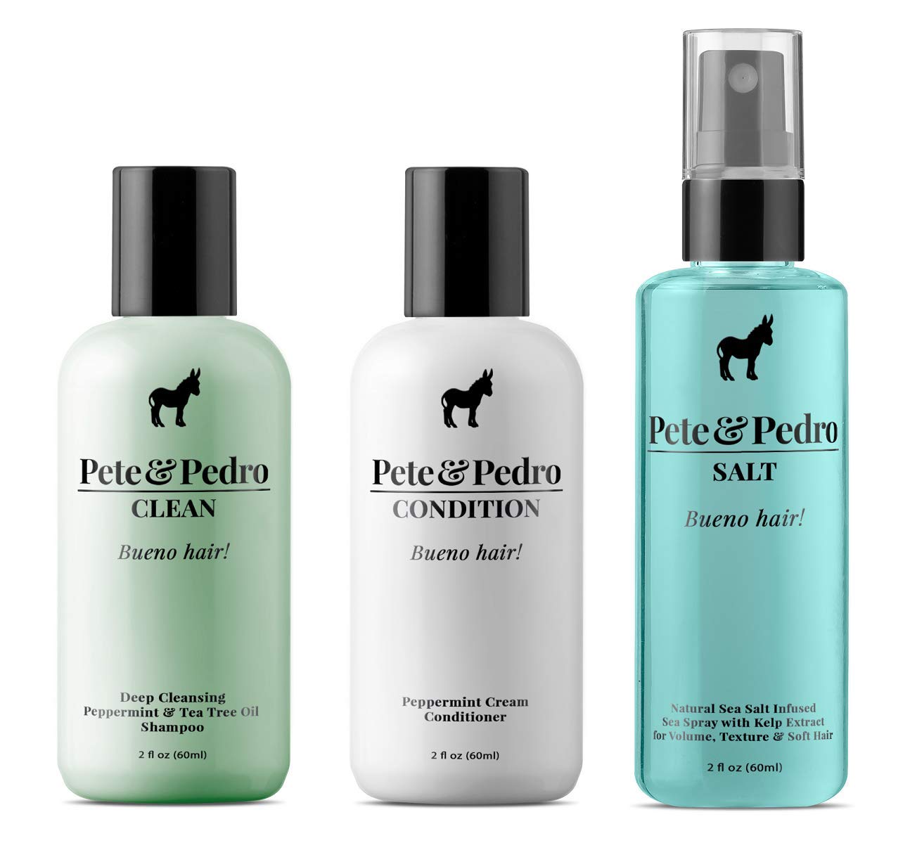 Pete & Pedro TRIFECTA HAIR KIT - Men's Trial & Travel Size Trio Of Tea Tree Oil Shampoo, Peppermint Conditioner, & Sea Salt Spray | As Seen on Shark Tank, 2 oz. Each