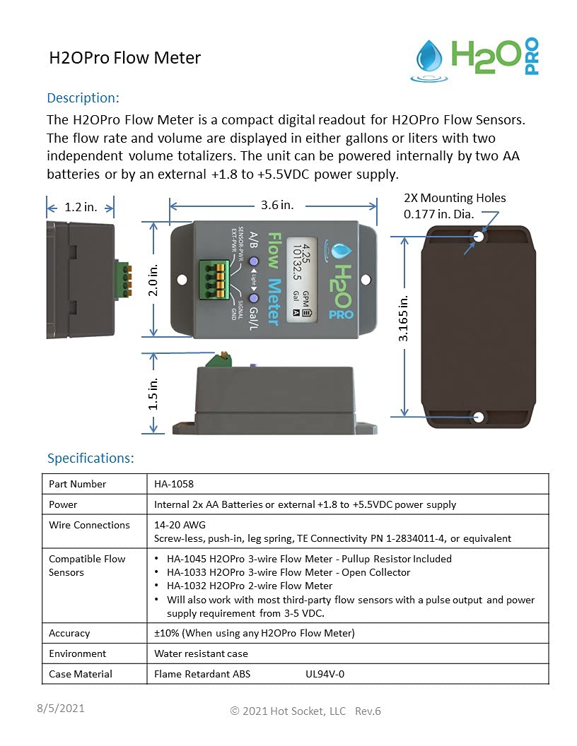 Flow Meter Including Flow Sensor, Digital Display, Flow and Accumulated Volume Measurements in Gallons or Liters, 2 AA Batteries or 1.8-5.5VDC External Power Supply, New! Longer Battery Life