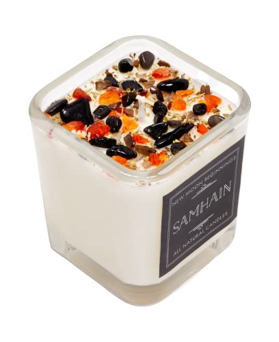 Samhain Halloween Candle by New Moon Beginnings - Fall Scented Pumpkin Candles - Herb & Crystal Candles - Soy Candle - Autumn Fall Candles