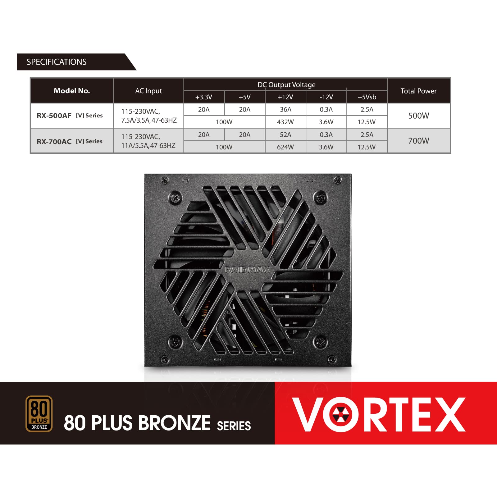 RAIDMAX Vortex 500/600/700/800watts 80+ Certified Standard and Bronze and Gold ATX Power Supply, Continuous Power with 120mm Quiet Fan, ATX 12V V2.3/EPS 12V Active PFC Power Supply (700, Watts)