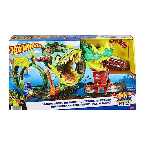 Hot Wheels Toy Car Track Set City Dragon Drive Firefight & 1:64 Scale Toy Firetruck, Connects to Other Sets