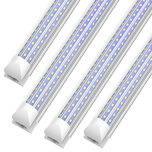 SHOPLED 8FT LED Shop Light Fixture, 90W 11700LM 6000K Cool White, D Shape, High Output, Clear Cover, T8 Linkable 8 Foot LED Tube Light for Garage with Plug, Warehouse, Workshop, 4 Pack