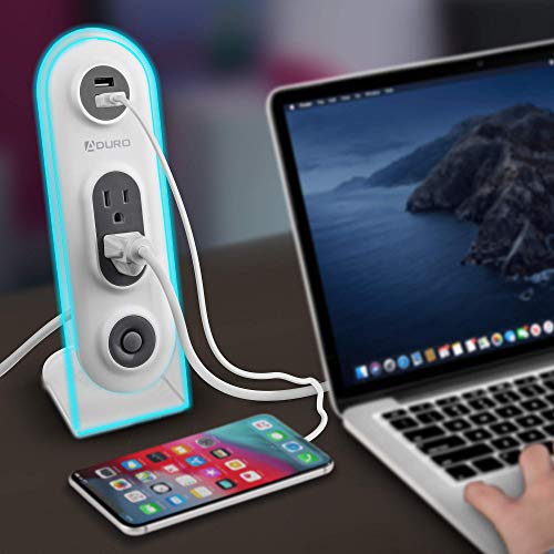 Aduro Dual USB 2 Outlet Power Strip Charging Desktop Stand Hub Extension for Phone, Laptop, with Surge Protection, Power Button, 4ft Cord - White/Grey