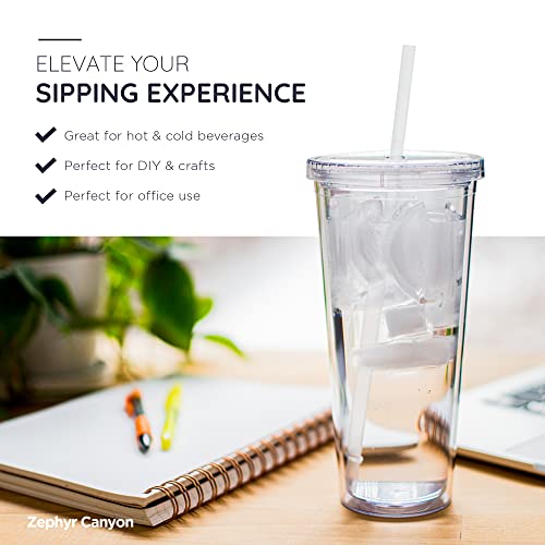 Zephyr Canyon 24oz Double Wall Plastic Tumblers with Lids and Straws | Large Classic Travel Tumbler | 4 Pack Set of 4 | Clear Reusable Cups with Straws | BPA Free