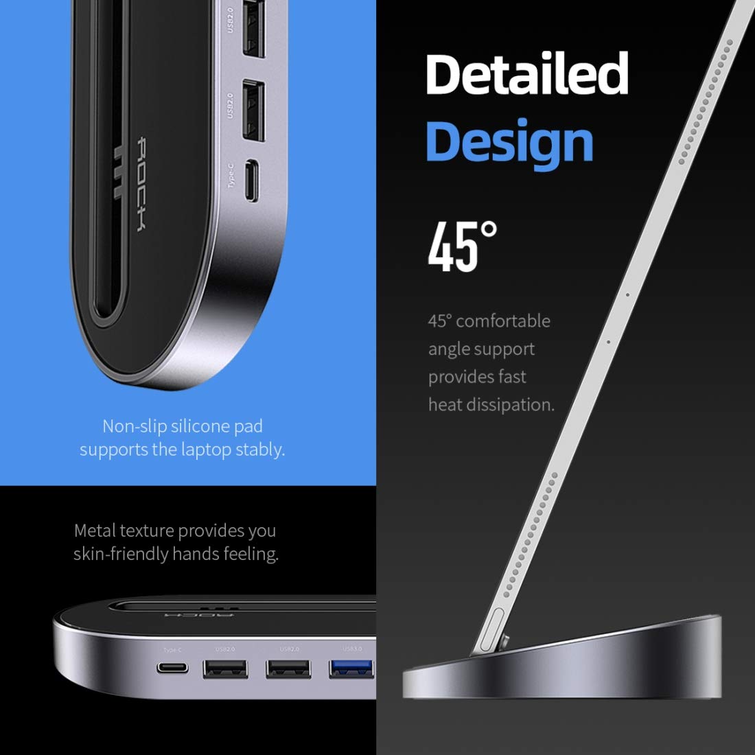 USB Hub Portable USB Hub RCB0724 12 in 1 3 USB-C/Type-C + 2 USB 2.0 + 2 USB 3.0 + RJ45 Gigabit Ethernet Port + VGA + HDMI Multi-Function HUB Laptop Stand Base with SD/TF Card Slot & 3.5mm Jack