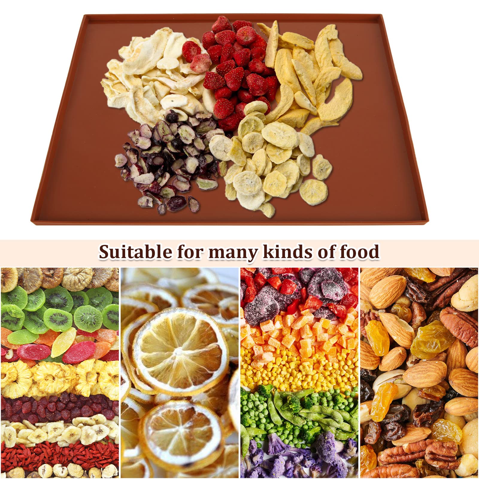 6PCS Silicone Dehydrator Sheets with Edg Non Stick Fruit Leather Trays for Dehydrator Reusable Silicone Dehydrator Tray Liners with Silicone Scraper for Food Vegetables Meat Liqui