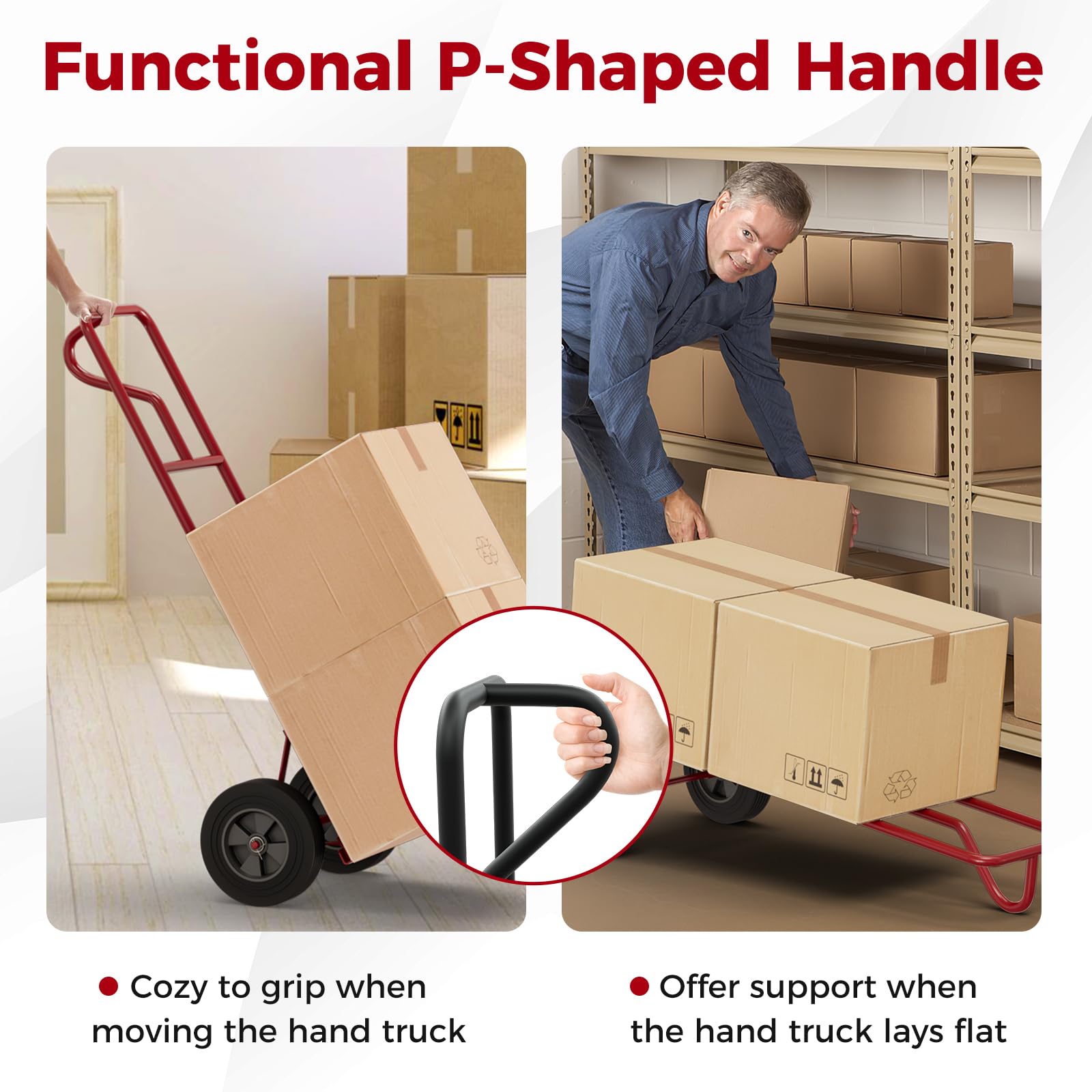 Goplus Hand Truck, P-Handle Hand Truck Dolly w/Vertical Loop Handle, 10β Rubber Wheels, 15βx8β Foldable Nose Plate, 660LBS Capacity, Heavy Duty Metal Dolly Cart for Lifting, Stairs (Red)