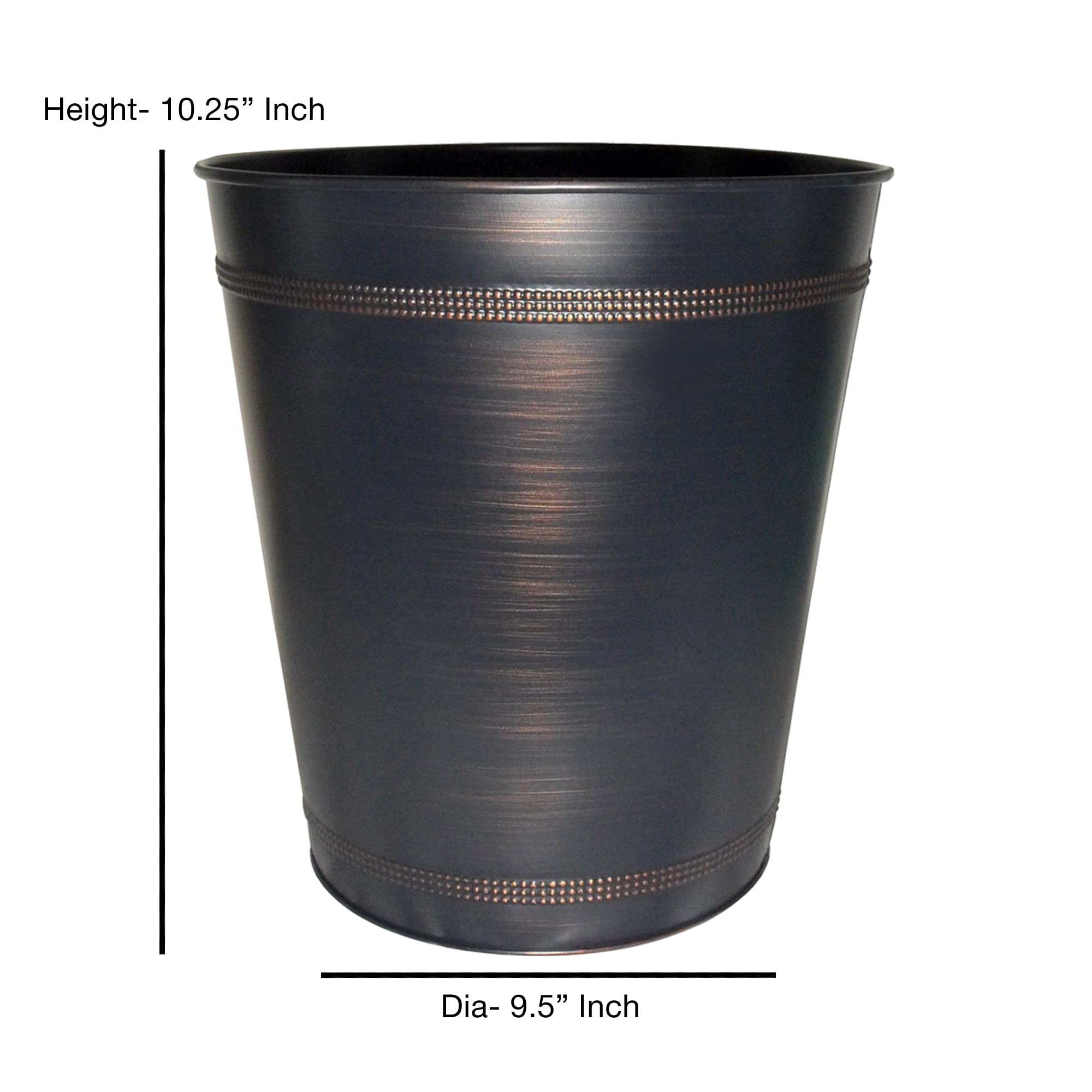Small Round Metal Wastebasket- Beaded Recycle Trash Can 2.5 Gallon, Open top Garbage Container Bin for Bathrooms, Kitchen, Bedroom, Home Office - Durable Steel - Oil Rubbed Bronze Finish