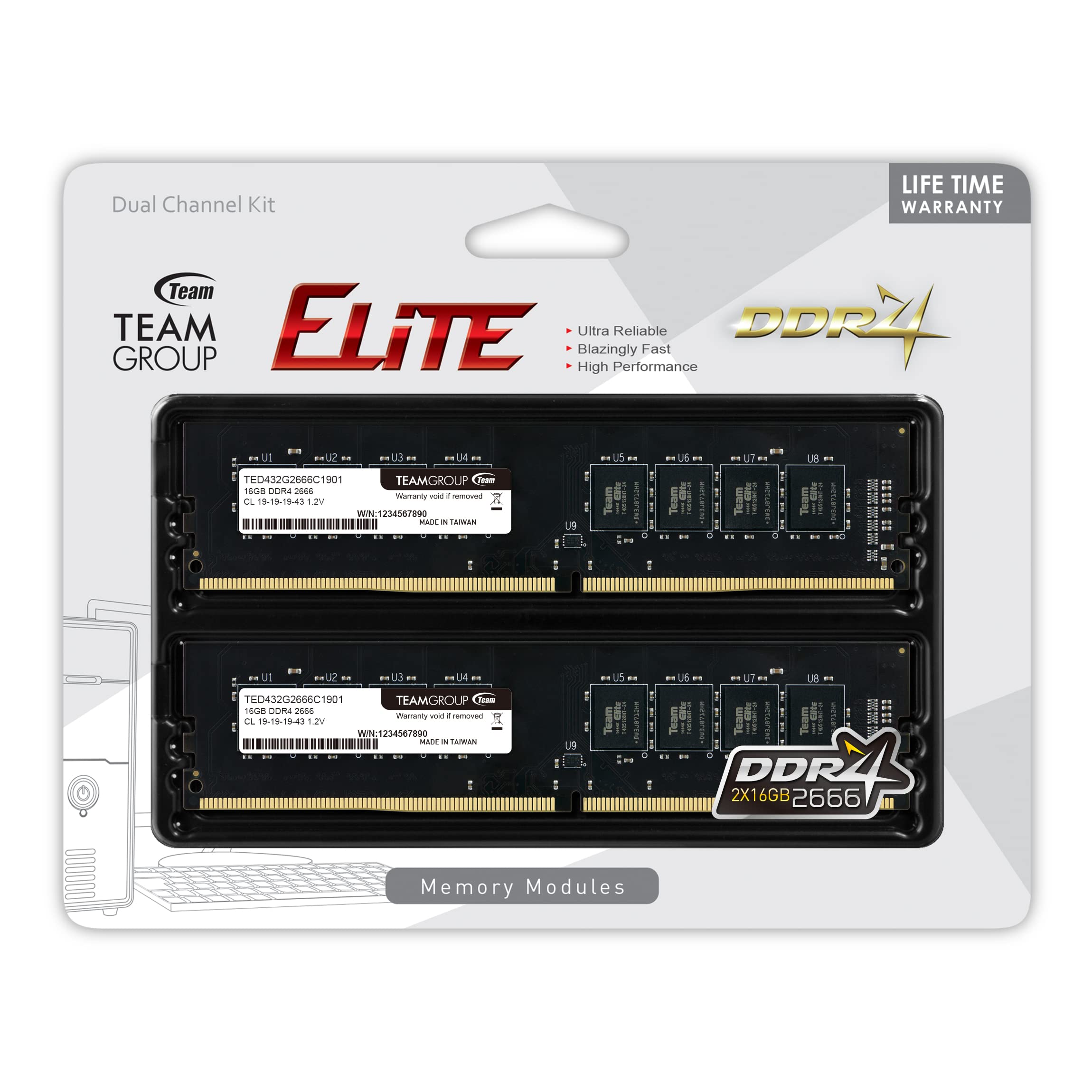 TEAMGROUP Elite DDR4 32GB Kit (2 x 16GB) 2666MHz (PC4-21300) CL19 UDIMM 288 Pin Desktop Memory - TED432G2666C19DC01