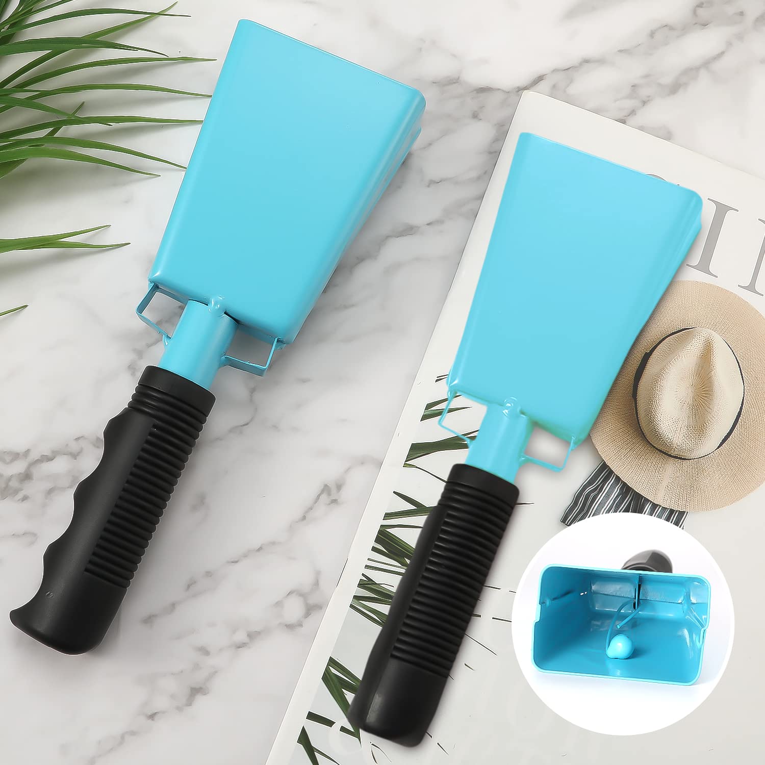 2pcs Cow Bell Noise Maker, Cowbell with Handle for Sporting Events Football Game Cheering Bells Large Solid School Bells Hand Call Bell (Blue)