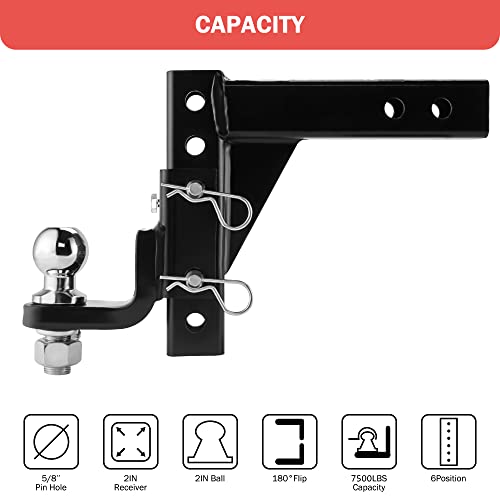 OPENROAD Adjustable Trailer Hitch Ball Mount Fits 2-Inch Receiver, 2" Tow Balls 7500lbs, 9-1/2" Drop/ 8-1/4" Rise Drop Hitch, Tow Hitch for Heavy Duty Truck with Stainless Steel Pins and Lock