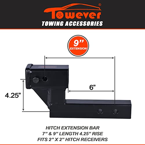 Towever 84122 Hitch Extender 2 Inch Receiver with 4" Drop/Rise, 9" Hitch Extension Riser with Solid Tube (GTW/TW 5000/500 LBS)