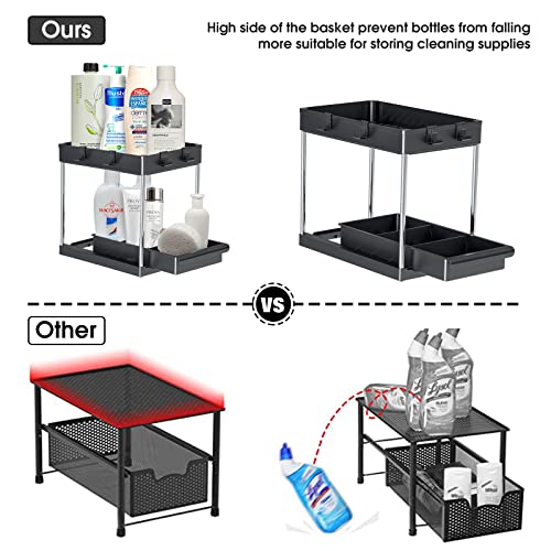 BuyBuyQUEEN 2 Pack Under Sink Organizers and Storage,2 Tier Kitchen Sink Organizer,Under the Sink Pull Out Cabinet Organizer with 4 Hooks Sliding Shelf for Bathroom Organization