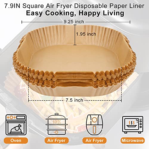 Air Fryer Liners Disposable 7.9 Inch Square 100pcs Easy Cleanup Non-stick Oil-proof for Frying, Baking,Cooking, Roasting