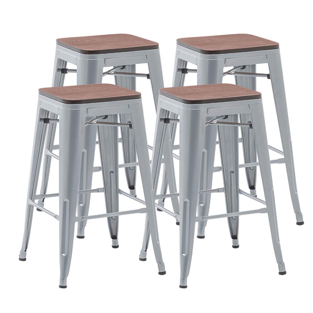 Alunaune 24" Metal Counter Height Bar Stools Set of 4 Industrial Backless Kitchen Patio Counter Stool Stackable Barstools Wood Top- 24inch, Silver