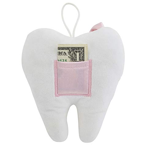 Stephan Baby Plush Tooth-Shaped Fairy Pillow, White with Pink Bow, 5 1/2 inch