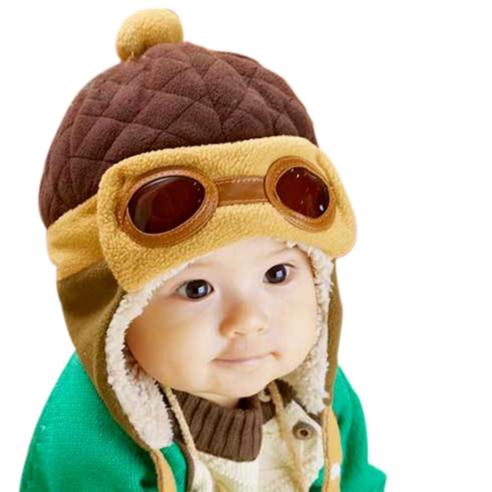 Kafeimali Baby Boys Girls Crochet Earflap Winter Warm Caps Beanie Pilot Aviator Cartoon Hats (Brown)