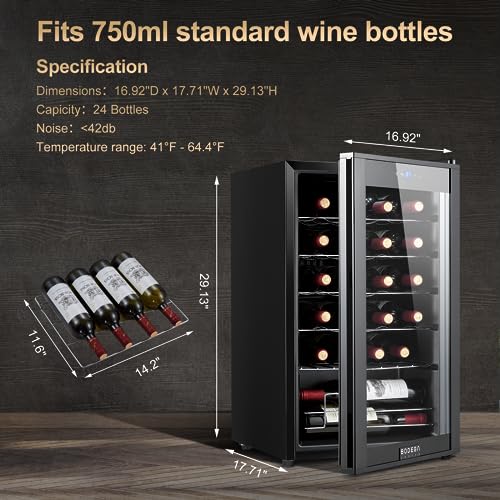BODEGACOOLER 24 Bottle Compressor Wine Cooler, Freestanding Wine Cellar for Red, White or Champagne,Mini Fridge with 41-64.4°F Digital Temperature Control Glass Door