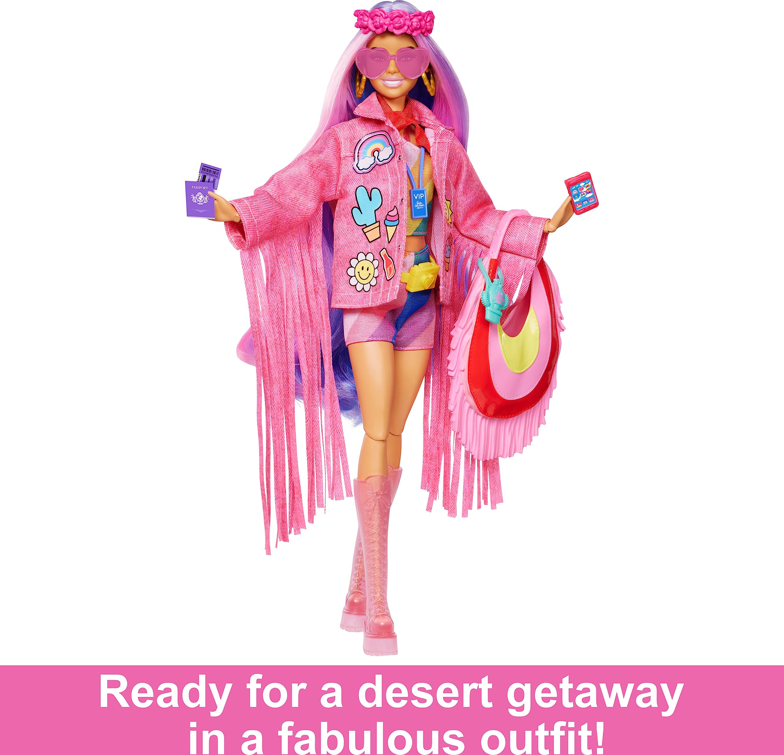 Barbie Extra Fly Doll with Desert-Themed Travel Clothes & Accessories, Fringe Jacket & Oversized Bag, 3Y+, Includes 1 BarbieĀ® doll with fashion, shoes, and assorted accessories