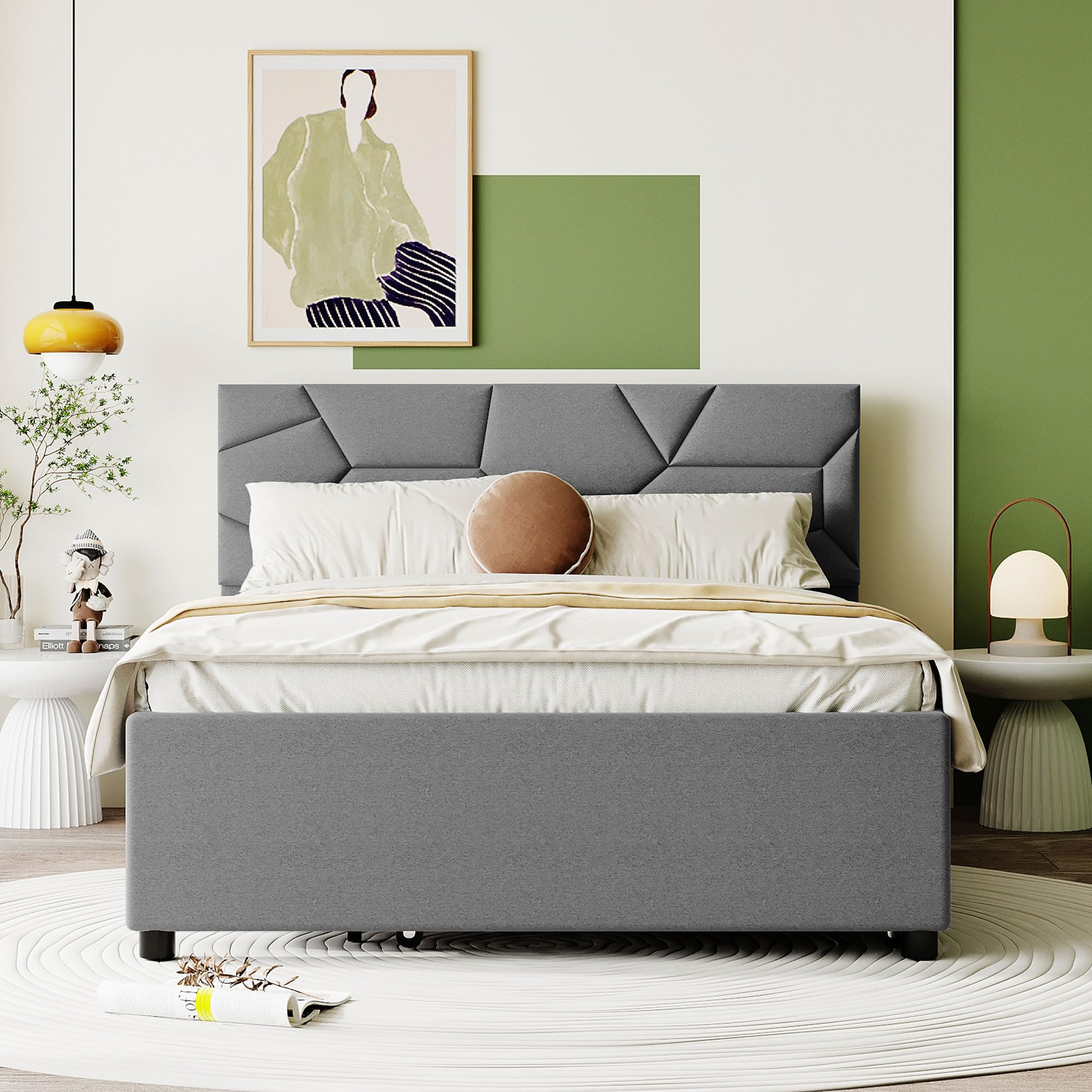 ACQCA Full Size Upholstered Platform Bed with Twin Size Trundle, Headboard w/Brick Pattern, Wood Slat Support Included, for Boys Girls Kids Teens Adult,Gray