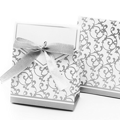 JOHOUSE 50pcs Mini Wedding Favor Box, Small Gift Boxes Candy Boxes with Gift Ribbons for Wedding Party Bridal Shower Favor Party Decoration, Silver