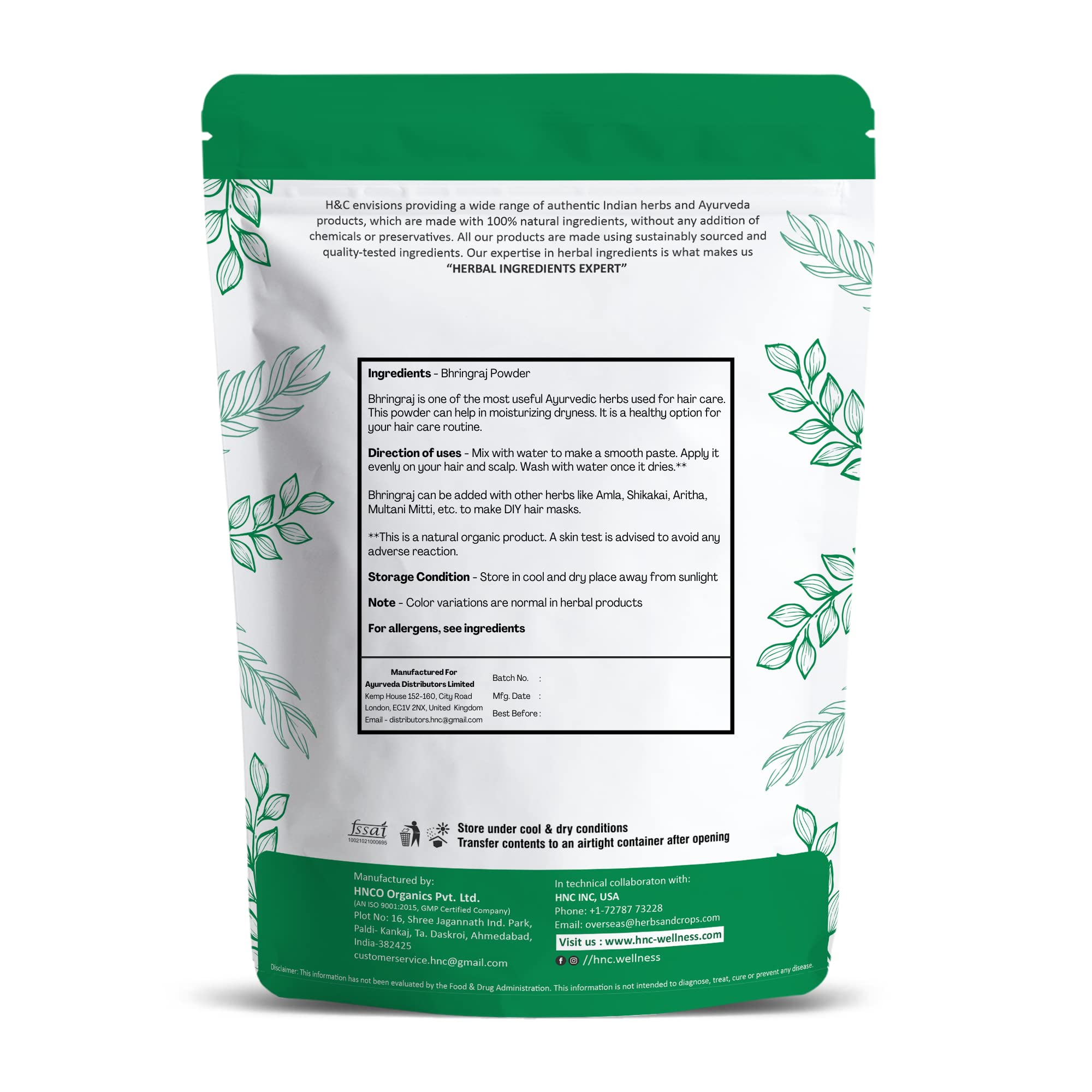 H&C- 100% Natural Bhringraj Powder for Hair (227g / 0.5 LB/ 08 oz) - Hair Growth Rejuvenator from Indian Ayurveda