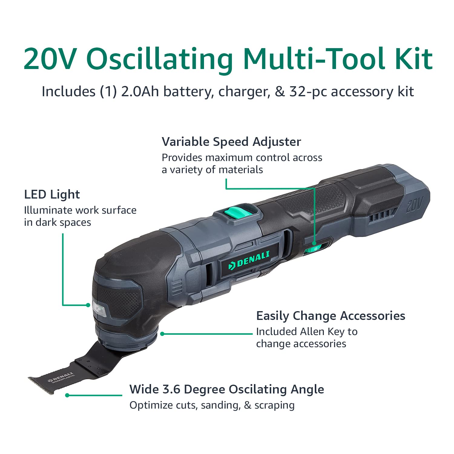 Amazon Brand - Denali by SKIL 20V Cordless Oscillating Multi-Tool Kit with 32 Piece Accessory Kit, 2.0Ah Lithium Battery, 2.4A Charger and Case