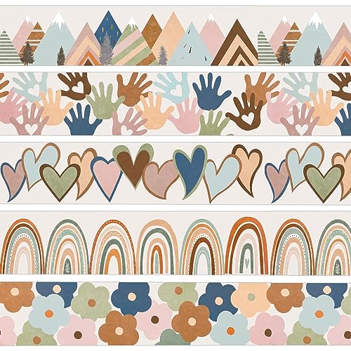 AnyDesign 60Pcs Boho Morandi Bulletin Board Borders with 100Pcs Glue Points 5 Design Heart Rainbow Handprint Die-Cut Trim Borders Classroom Borders for School Classroom Office Chalkboard Decorations