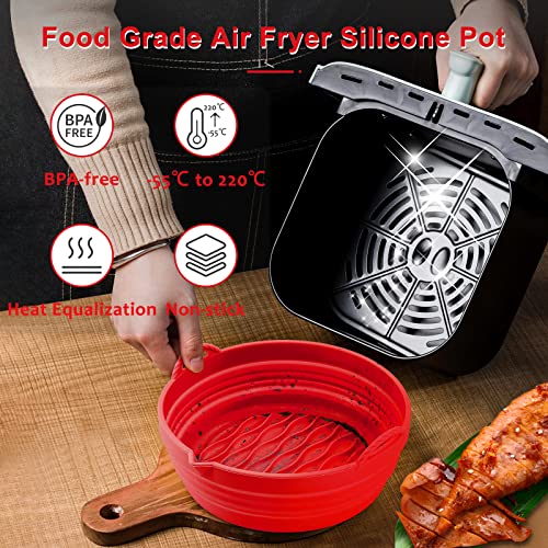 Air fryer Silicone Liners Reusable, 7.5IN Air Fryer Silicone Pot, Foldable Silicone Air Fryer Basket with Silicone Oven Mitts (Red)
