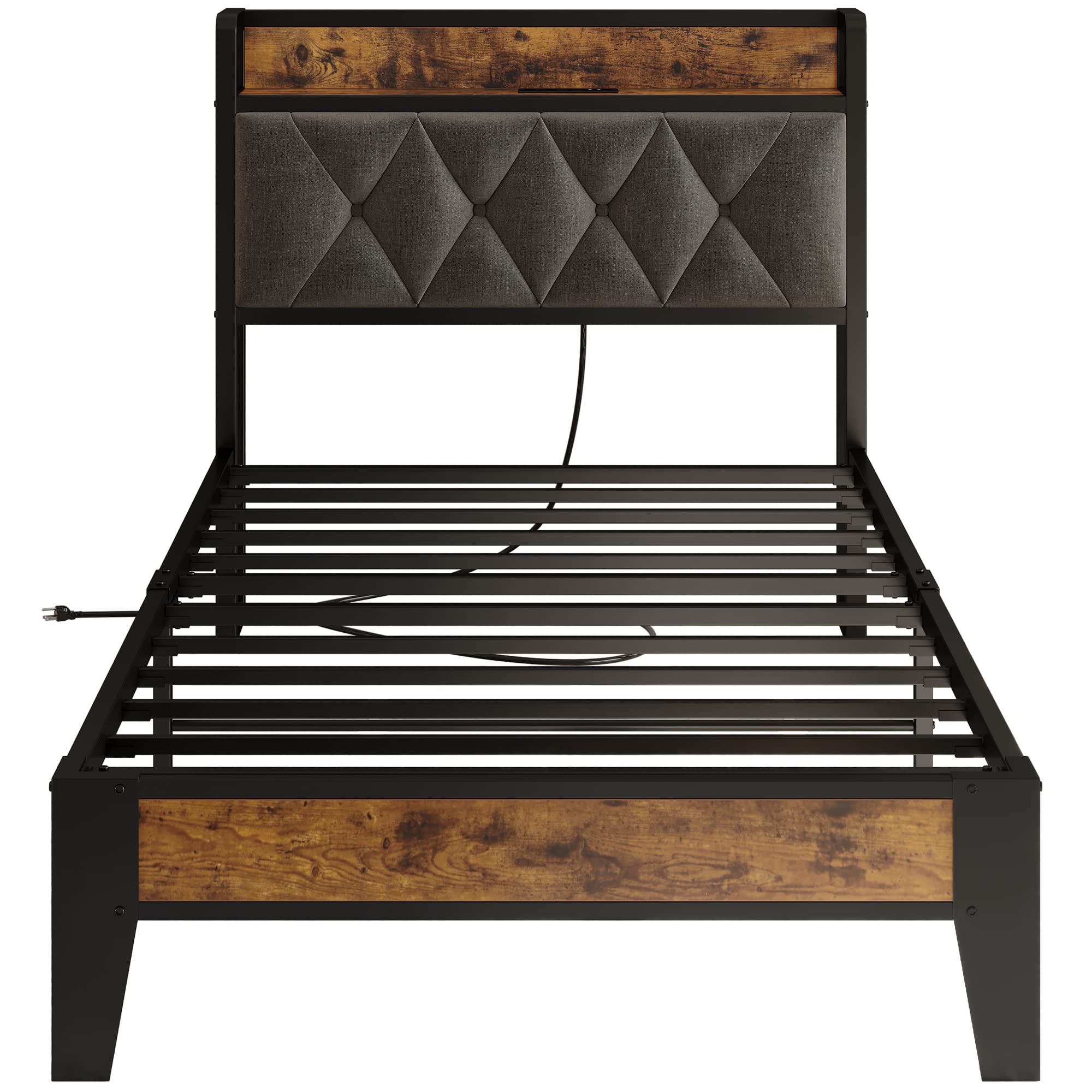 ANCTOR Twin Bed Frames, Storage Headboard with Outlets, Easy to Install, Sturdy and Stable, No Noise, No Box Springs Needed - Perfect for a Good Night's Sleep