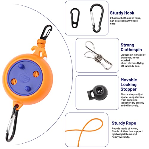 Portable Travel Clothesline Cord, Caudblor Adjustable 26ft Camping Clothes line, Laundry Drying Rope for Hotel Trip, Cruise, Outdoor/Indoor, with 12Pcs Stoppers, Windproof Clothespins
