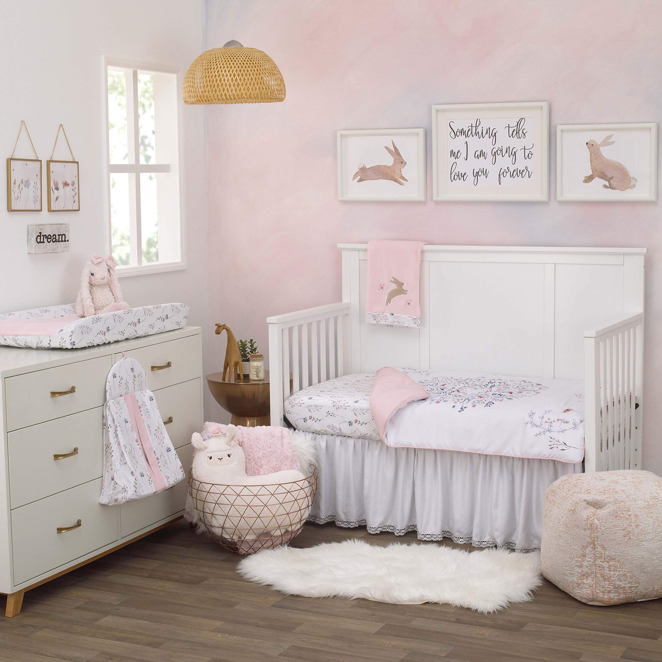 NoJo Woodland Wreath Pink, White, Blue Floral 4 Piece Nursery Crib Bedding Set- Comforter, 100% Cotton Crib Sheet, Dust Ruffle, Diaper Stacker