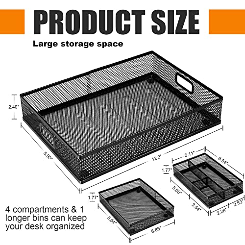 HOPECK Desk Drawer Organizer Tray for Office and Home, Metal Mesh Desk Organizer Storage Basket, 12.2 x 8.9 x 2.48inch,Black