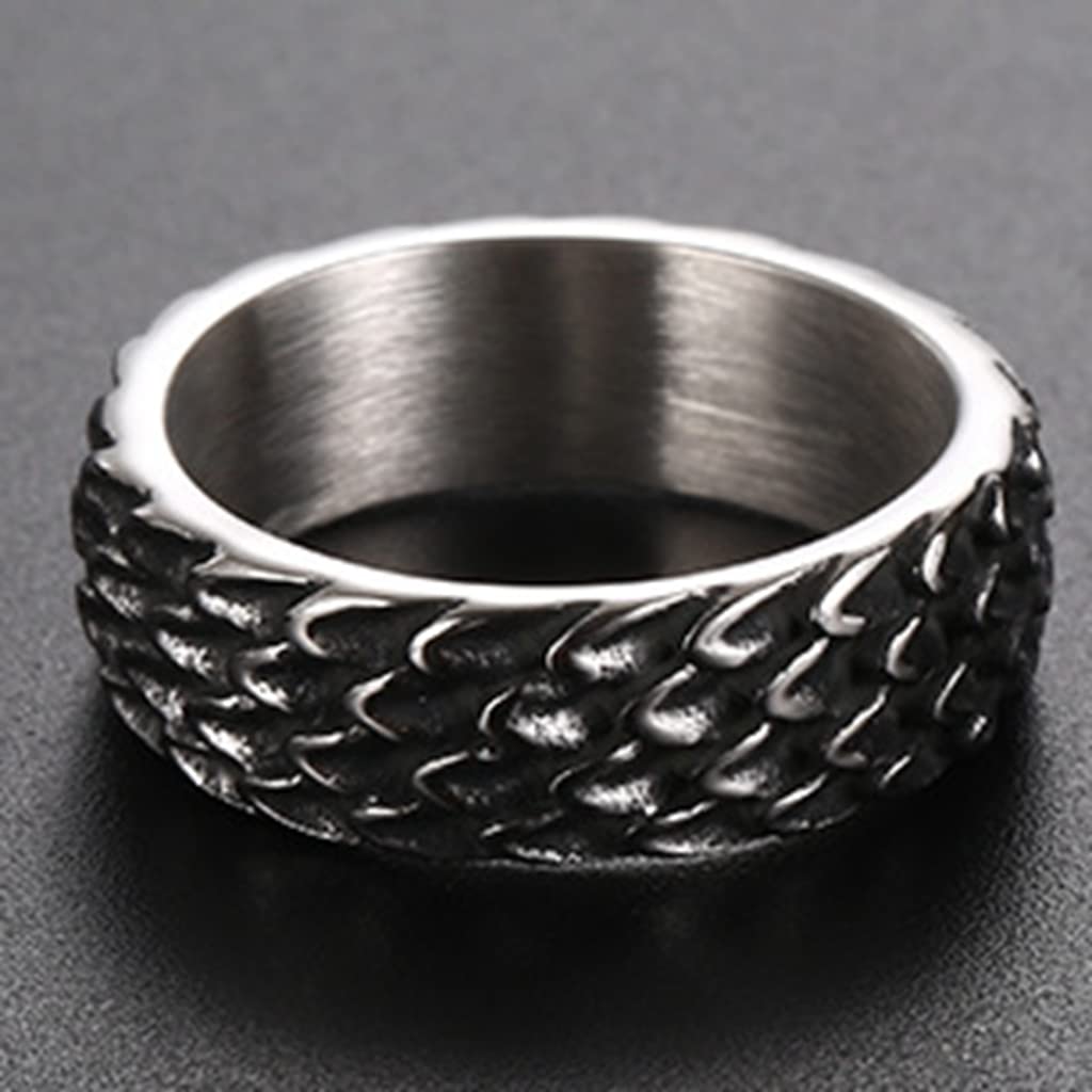8mm Retro Vintage Stainless Steel Fish Snake Scale Pattern Band Style Biker Cocktail Party Halloween Ring (Silver Black, 9)