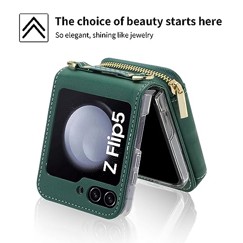 EAXER for Samsung Galaxy Z Flip 5 Case, Shockproof PU Wallet Folding Case Leather Zipper Crossbody Strap Cover (Green)