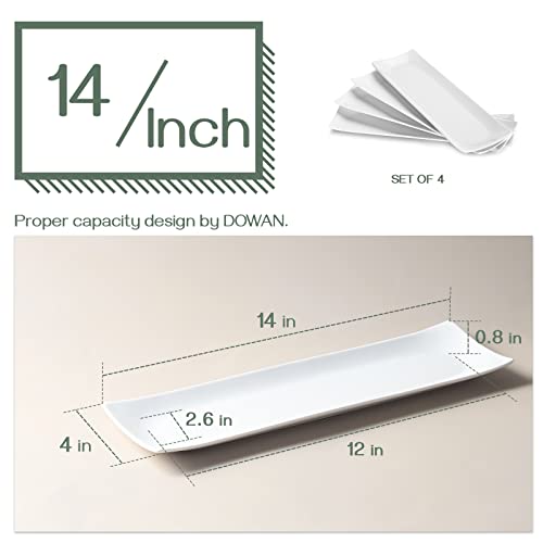 DOWAN 14" Sushi Plate Set of 4 - Long Rectangle Plates and Cracker Trays for Serving - White Ceramic Platters for Party and Entertaining - Dishwasher & Oven Safe