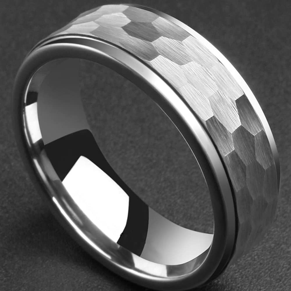8mm Stainless Steel Hammered Hexagon Pattern Matte Brushed Simple Plain Wedding Band Ring (Silver, 12)