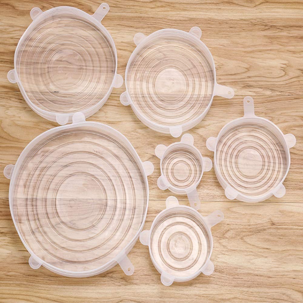 6 Pack Stretch Reusable Silicone Bowl Food Storage Wraps Cover Seal Fresh Lids (Blue with Hooks)