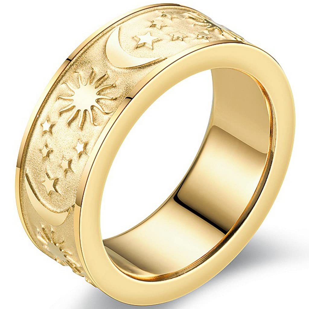 8mm Stainless Steel Sun Moon Star Wedding Band Statement School Holiday Biker Promise Ring (Gold, 12)